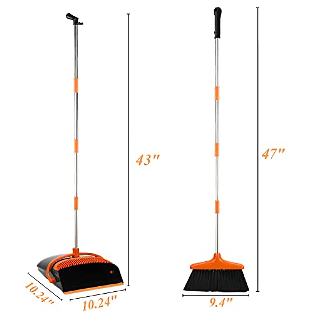 Broom and Dustpan Set-Self Cleaning with Dustpan Teeth Standing Dust Pan Self Cleaning with Dustpan Teeth Standing Dust Pan for Home Kitchen Easy Assembly, Orange