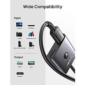 HDMI Switch 4K 60Hz【with 1.3FT HDMI Cable】, JSAUX HDMI 2.0 Switcher 2 in 1 Out Aluminum Bi-Directional Splitter 2 x 1/1 x 2 UHD 3D Compatible for Switch, PS4, Roku, HDTV, Monitor -Grey