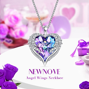 NEWNOVE Mothers Day Gifts - Preserved Real Purple Rose with Angel Wings Necklace - Flower Gifts for Women Wife Girlfriend Mom and Grandma, Anniversary Birthday Gifts for Women