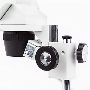 AmScope SE306R-AZ-E1 Digital Forward-Mounted Binocular Stereo Microscope, WF10x and WF20x Eyepieces, 20X/40X/80X Magnification, 2X and 4X Objectives, Upper and Lower Halogen Lighting, Reversible Black/White Stage Plate, Arm Stand, 120V, Includes 1.3MP Cam