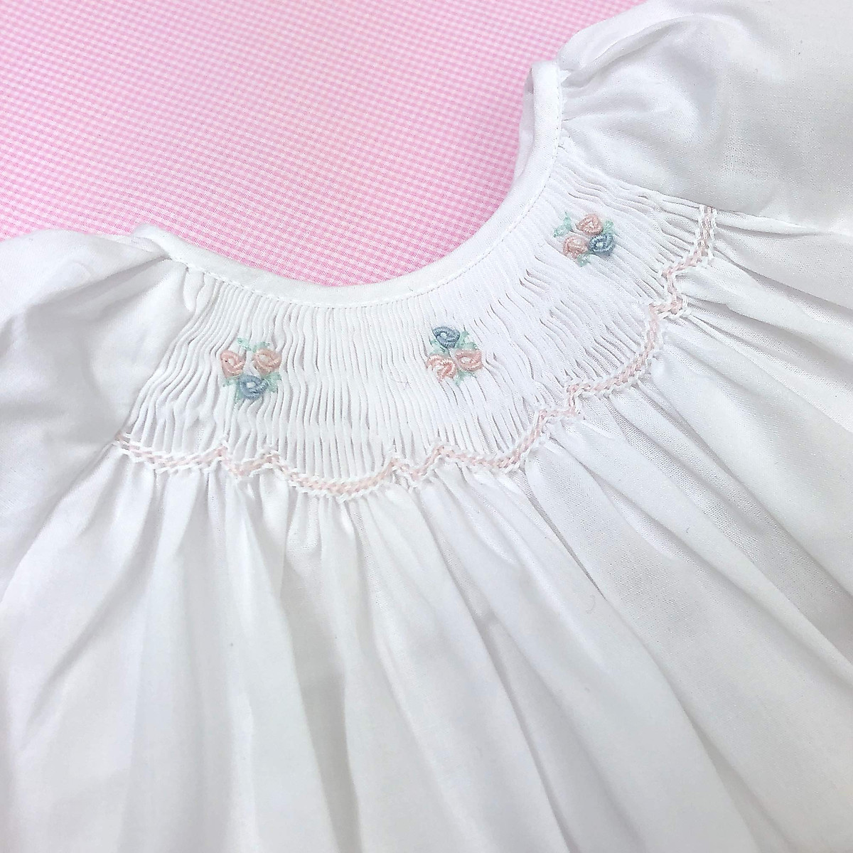 Petit Ami Baby Girls' Hand-Embroidered Smocked Bubble (White, Newborn)