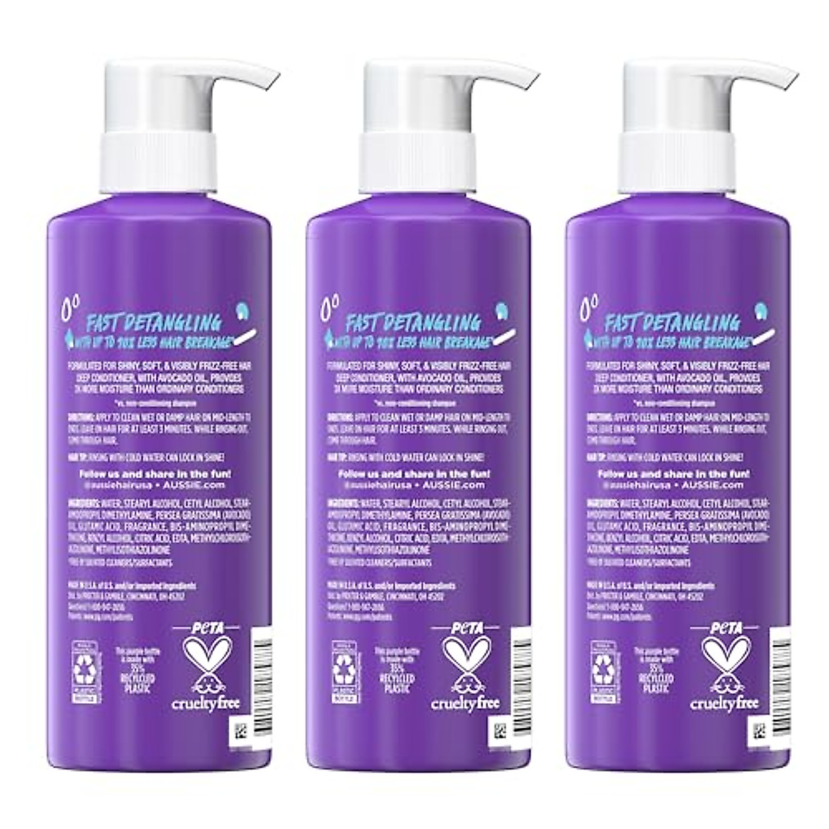 Aussie 3 Minute Miracle Moist Deep Conditioner for Dry Hair, Avocado & Jojoba Oil, Safe for Color Treated Hair, Nourishing Hydration, Silky Shine, Paraben-Free, 16 Fl Oz Each, Triple Pack