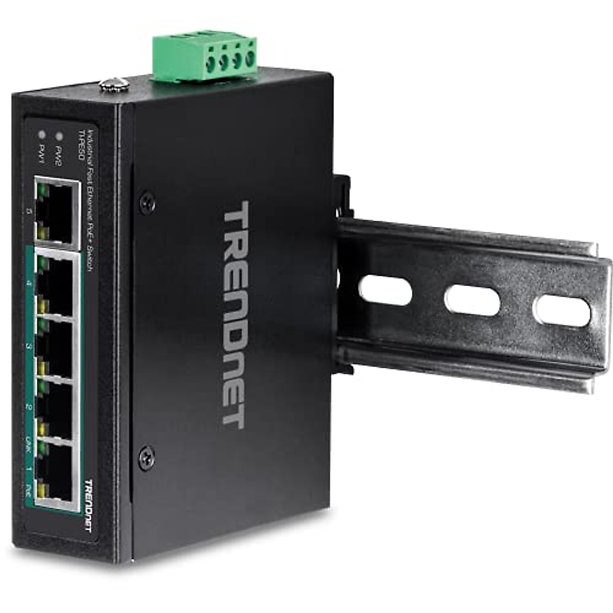 TRENDnet 5-Port Industrial Fast Ethernet DIN-Rail Switch, 4 x Fast Ethernet PoE+ Ports, 1 x Fast Ethernet Port, 90W PoE Power Budget, DIN-Rail, IP30 Rated, Lifetime Protection, Black, TI-PE50