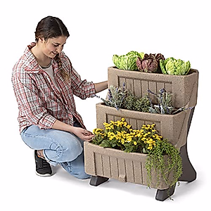 Simplay3 American Home™ 3-Level Multi Tiered Planter – Larger Planter Boxes for Indoor and Outdoor Garden Beds, Natural Stone Color, Made in USA