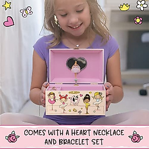Ballerina Jewelry Box for Girls Musical - Glow-In-The-Dark Little Girls Jewelry Box Gift - Kids Jewelry Box Organizer with Drawer and Heart Necklace and Bracelet Set - Cute Music Boxes for Girls
