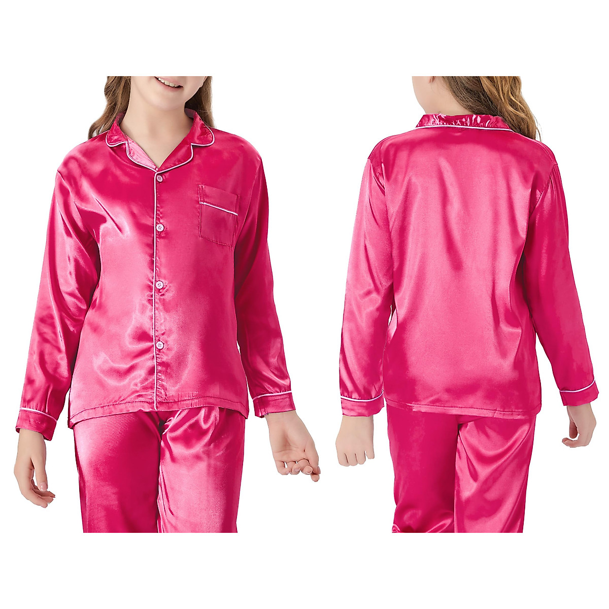 Topgal Cute Hot Pink Pajama Set for Girls – Satin Silky Long Sleeve & Pants Button Down PJ Set Size 10