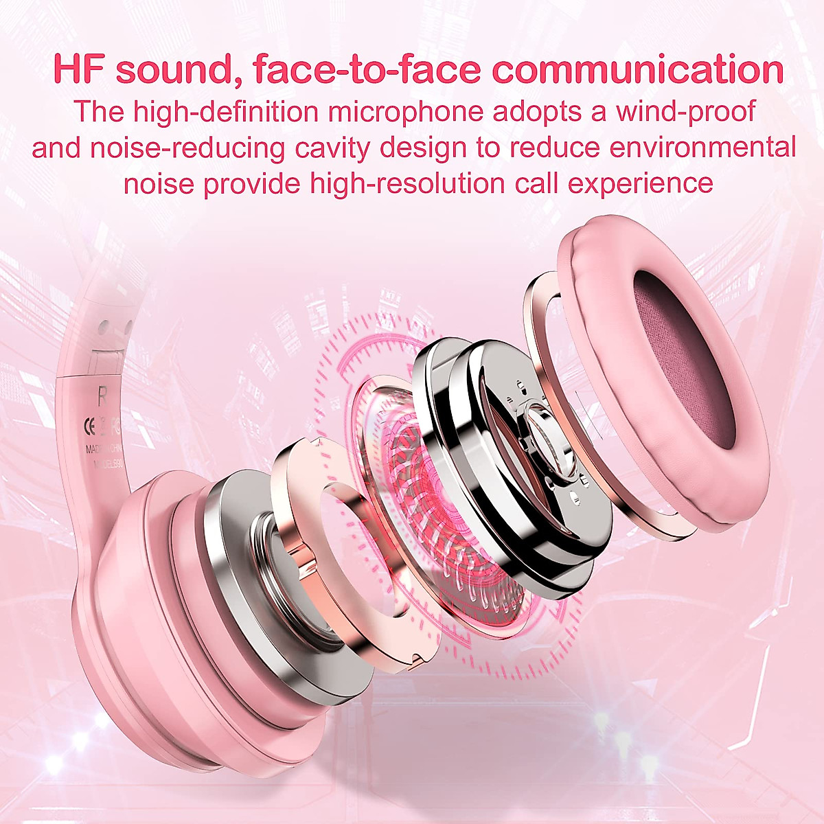 SIMGAL Bluetooth Cat Ear Headphones for Kids, Wireless & Wired Mode Foldable Headset with Mic, RGB LED Light, for Girls School Gaming, Compatible with Mobile Phones PC Tablet