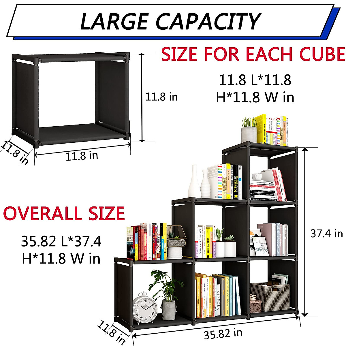 SUOERNUO Bookcase Storage Bookshelves Floor Standing Shelves Decor Furniture for Home Office Living Room Bed Black (35.8L X 11.8W X 37.4H)