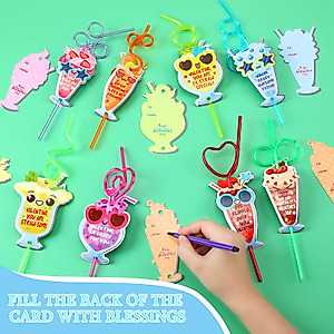 32 Pack Valentines Day Cards with Crazy Straws for Kids Valentine Gift Card Exchange with Heart Straws for Girls Boys School Class Exchange Gifts Prizes Valentine's Party Favors