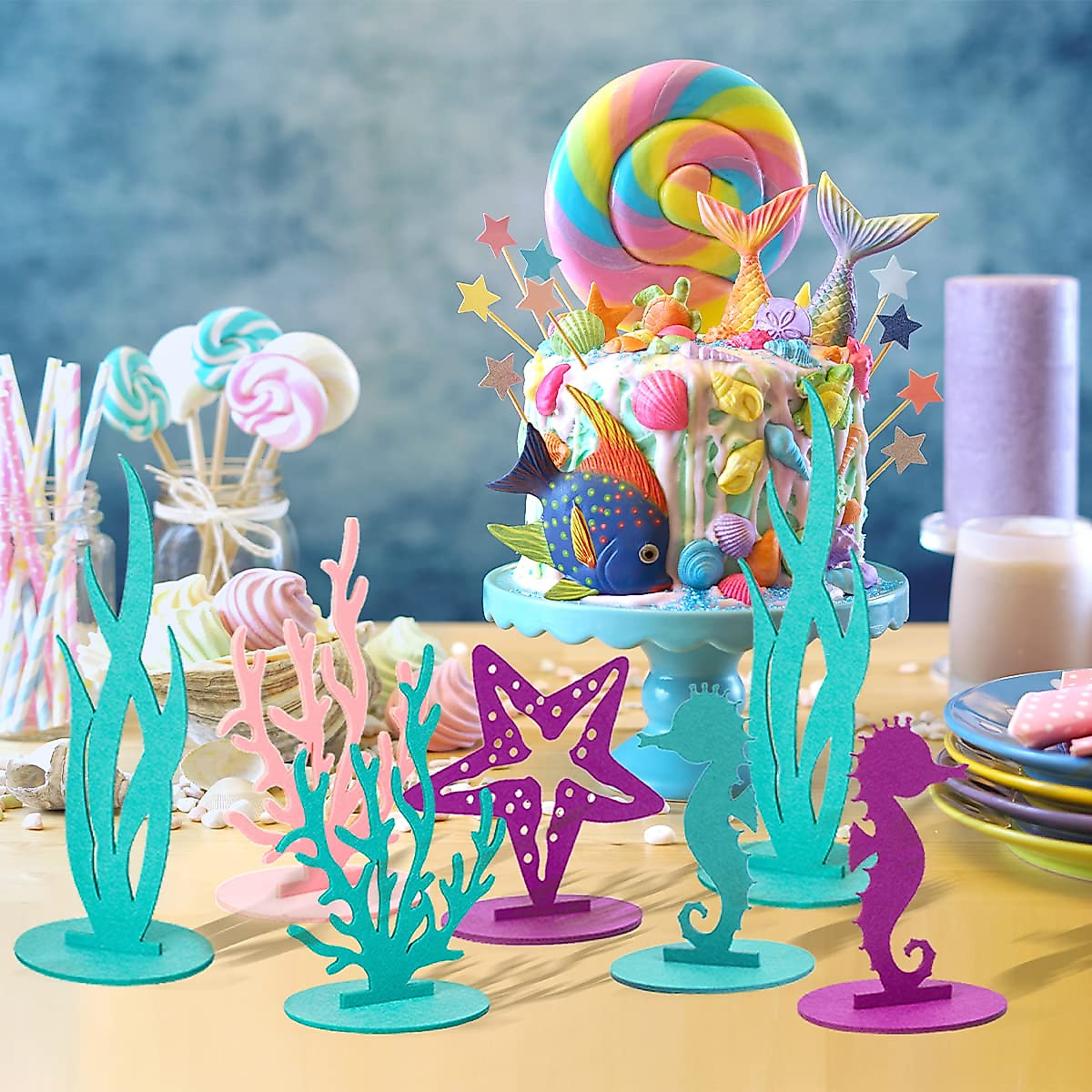 24 Pcs Mermaid Birthday Decorations Felt Table Centerpiece Under the Sea Party Decorations Supplies for Ocean Theme Little Mermaid Birthday Party Baby Shower