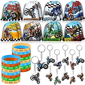 Talltalk 48 Pcs Dirt Bike Party Favors for Boy Motocross Birthday Decorations 16 Motorcycle Party Drawstring Bag Racing Candy Goodie Snacks Gift Bag 16 Wristband 16 Keychain for Baby Shower Birthday