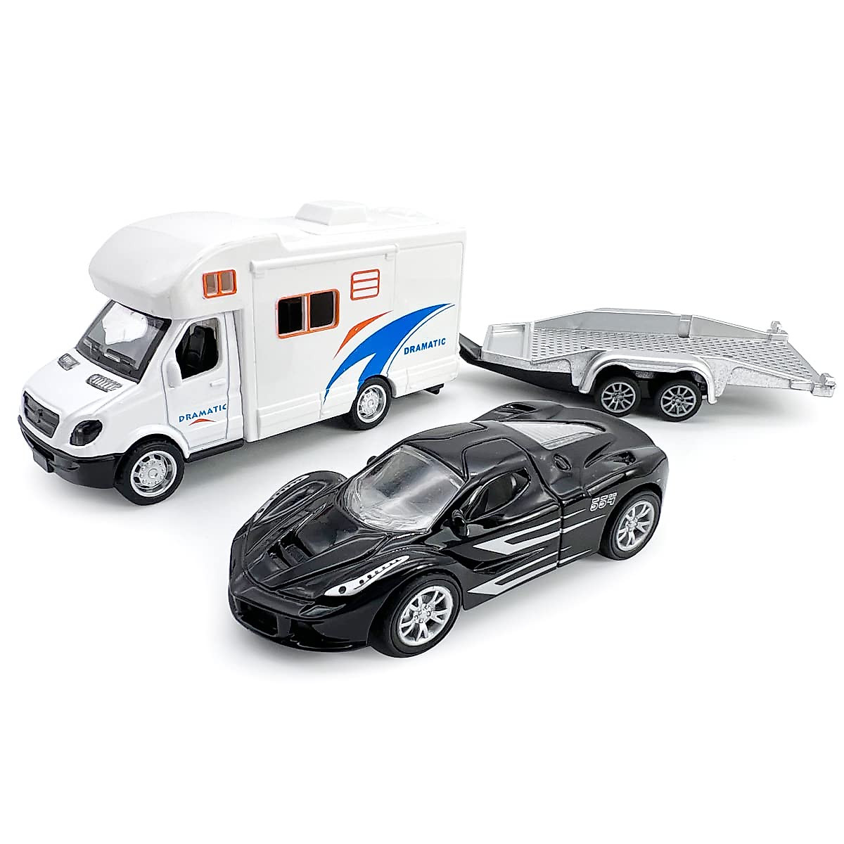 Toy Camper RV Trailer Towing Supercar Sports Model Car Diecast Motorhome Toys for Boys Pull Back Toy Cars, Beach Sandbox Outdoor Adventure Play Set, 3 4 5 6 Years Old Kids Toddlers Gifts, White
