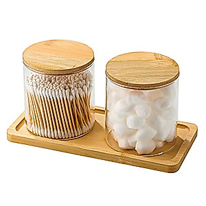 2 Pack 20oz Glass Qtip Holder with Bamboo Vanity Tray Glass Cotton Ball Holder Apothecary Jars Bathroom Organizer Canisters with Lids for Cotton Swabs Cotton Pads Dental Floss Makeup Brush Perfume.