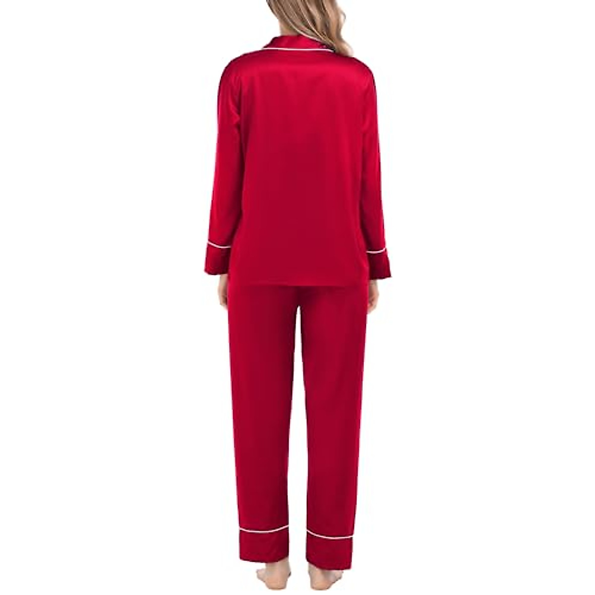 SWOMOG Womens Satin Pajamas Long Sleeve Sleepwear Silk Soft Button Down Loungewear Pjs Set S-XXL Reda Medium