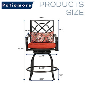 Patiomore Patio Swivel Bar Stools, Outdoor Bar Height Bistro Chairs Set of 2, Metal Iron Frame with Seat Cushions, Red