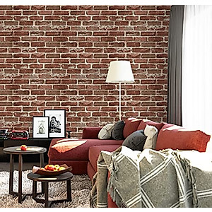 Hopeak Red Brick Wallpaper, Self-Adhesive Peel and Stick Wallpaper Waterproof and Removable Good for Home Decoration and Furniture Renovation (17.5 x 118 Inch)