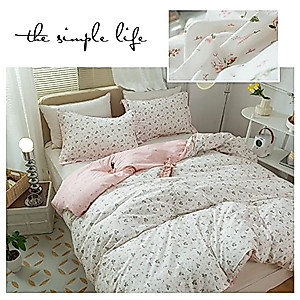 LifeTB Cotton Floral Duvet Cover Queen Girl Pink Flower Bedding Sets Garden Style Cotton Comforter Cover Pink White Floral Bedding Sets Flower Branches Pattern Duvet Cover with Zipper Closure