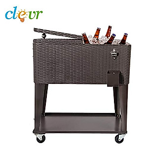 80 Quart Qt Rolling Cooler Ice Chest Cart for Outdoor Patio Deck Party, Dark Brown Wicker Faux Rattan Tub Trolley, Portable Backyard Party Drink Beverage Bar, Wheels with Shelf & Bottle Opener