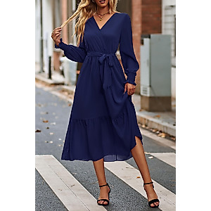 PRETTYGARDEN Women's Floral Print Boho Dress Long Sleeve Wrap V Neck Ruffle Belted A-Line Flowy Maxi Dresses (Solid Navy,X-Large)