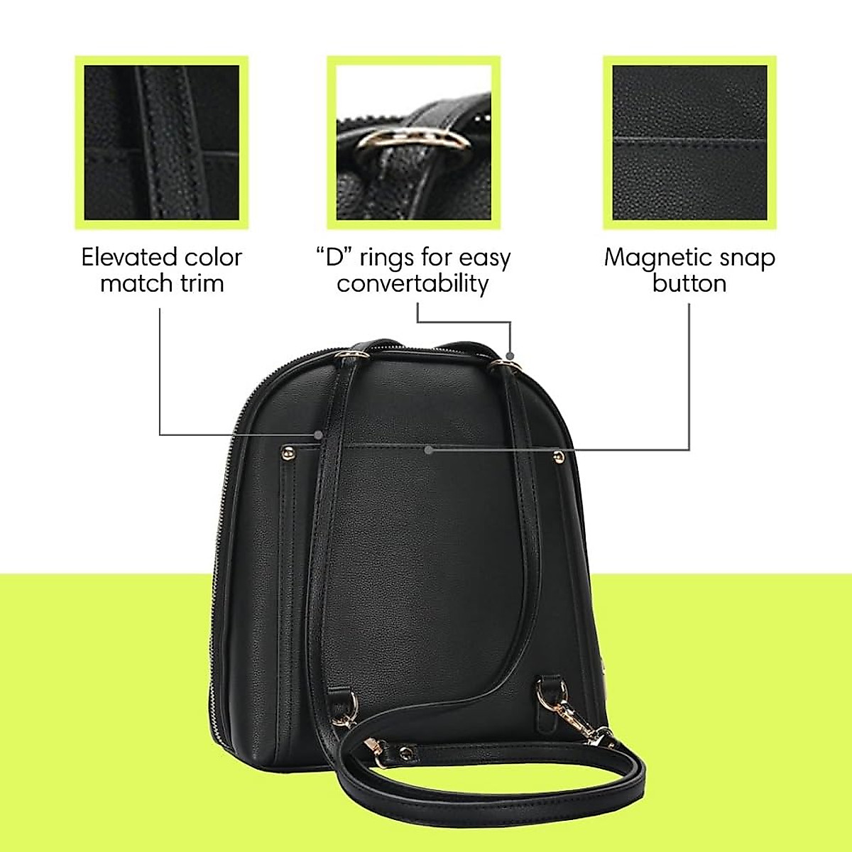 MMS Brands Miztique The Daisy Convertible Backpack Purse for Women, Soft Vegan Leather Crossbody Bag -Black