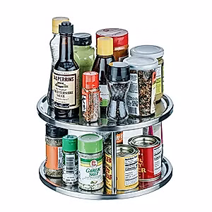 2-Tier Lazy Susan Organizer, Non-Skid Metal Lazy Susan Turntable, 10.5 inch Spice Rack, Updated Turntable Base, Double Tier Round Lazy Susan for Kitchen, Cabinet, Pantry, Spice Rack Storage