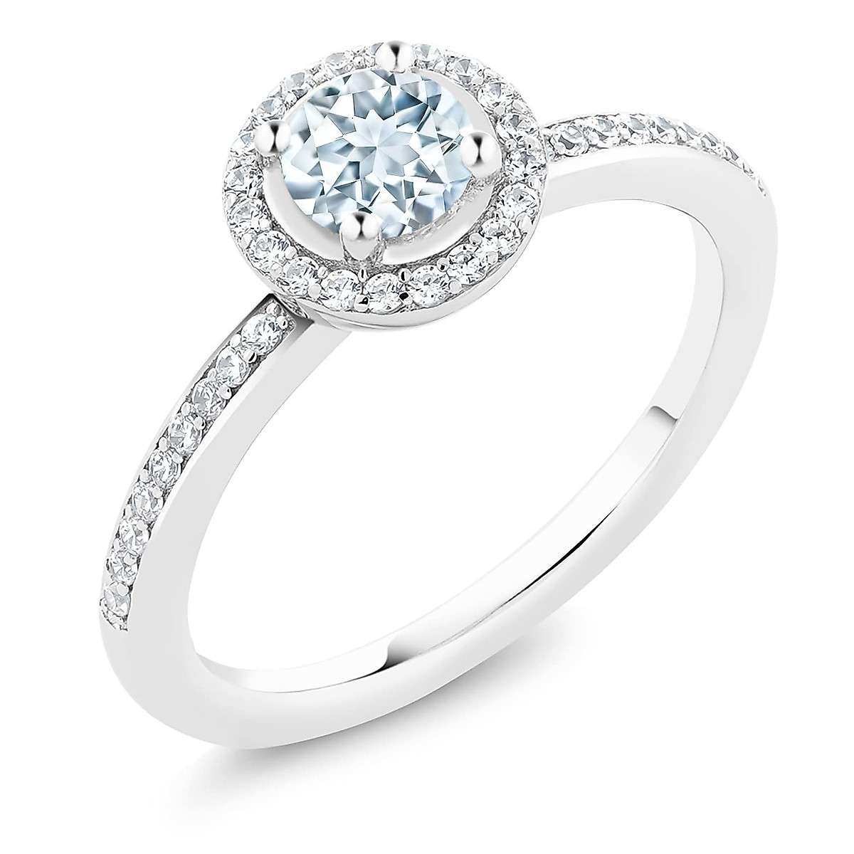 Gem Stone King 925 Sterling Silver Aquamarine Engagement Ring For Women (0.59 Cttw, Gemstone Birthstone, Round 5MM, Available 5,6,7,8,9) (Size 5)