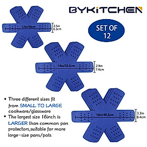 BYKITCHEN Pan Pot Protectors, Larger & Thicker Pan Protector with Stars, Set of 12 and 3 Different Sizes, Blue Pot Separator Pads for Stacking and Protecting Your Cookware