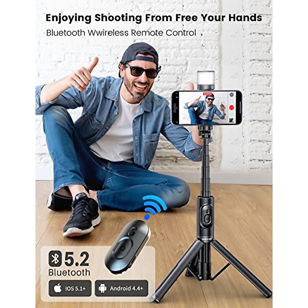 Selfie Stick with Curved Fill Light, Portable & Stable Phone Tripod Stand with Wireless Remote for iPhone/Samsung/Google/One Plus/Sony etc.