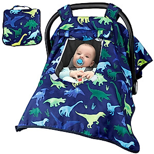 Carseat Cover Boy, Winter Baby Carseat Seat Cover, Carseat Canopy Cozy & Warm Cover with Peep Windows, Blue Dinosaur Stuff
