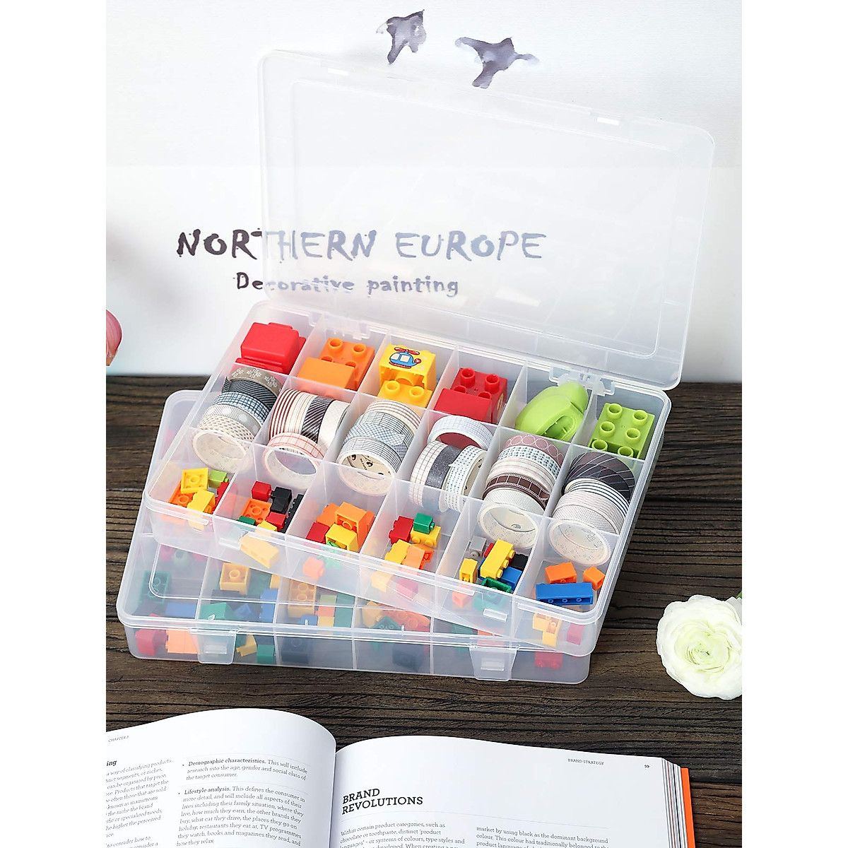 UHOUSE 2 PCS 18 Grids Clear Plastic Organizer Container Storage Box with Adjustable Dividers for Washi TapeJewelry Craft Tackles Tools, Size: 10.4 x 6.8 x 1.1 in (Clear)