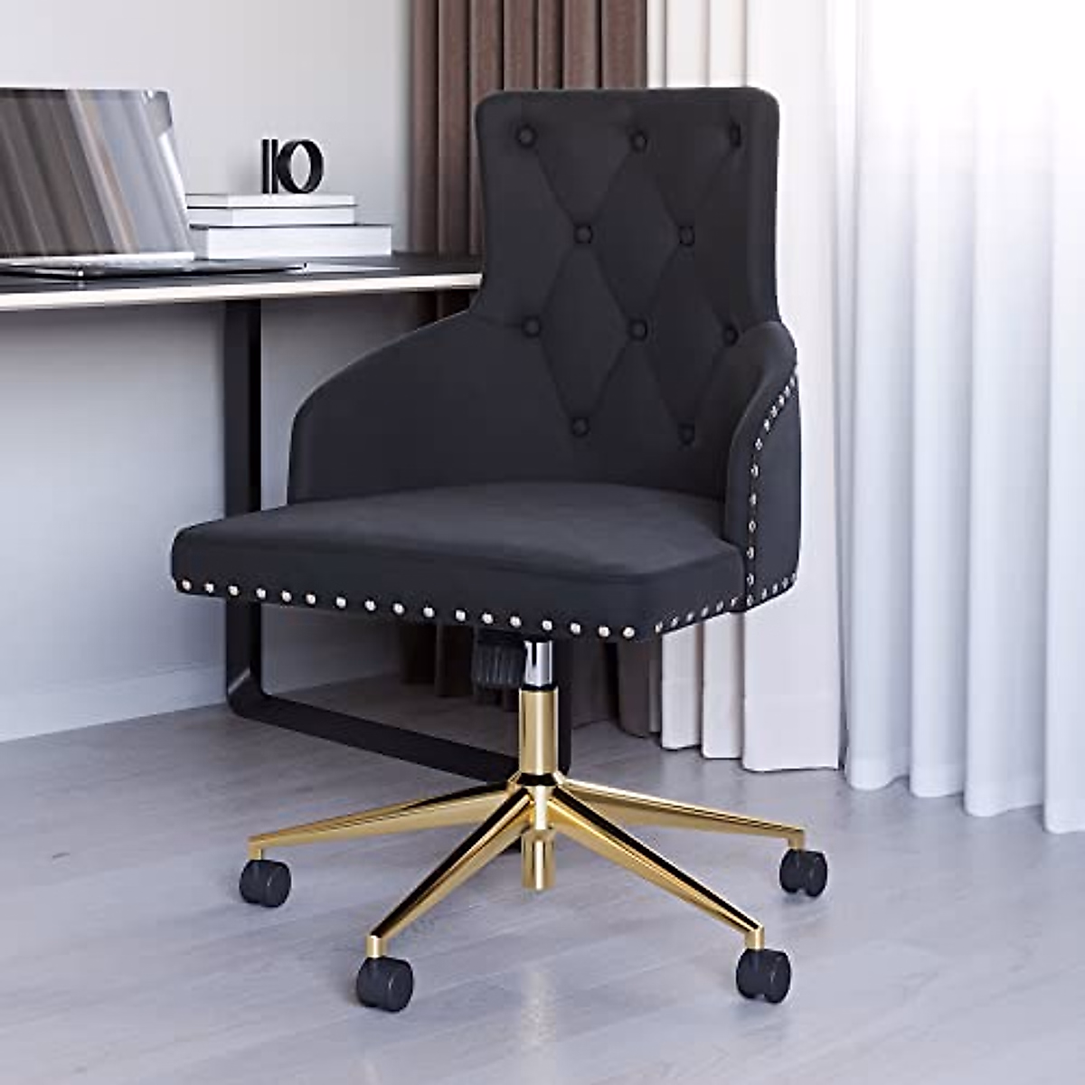 BELLEZE Modern Velvet Desk Chair for Home Office or Bedroom Vanity, Tufted Upholstered Seat with Slim Arms, Adjustable Height, Swivel, Wheels - Belden (Black)