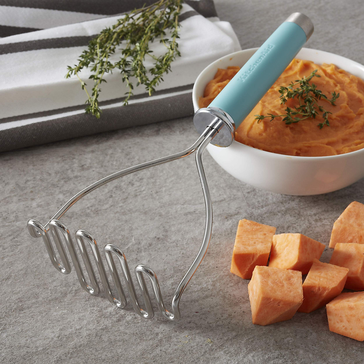 KitchenAid Gourmet Stainless Steel Wire Masher, 10.24-Inch, Aqua Sky