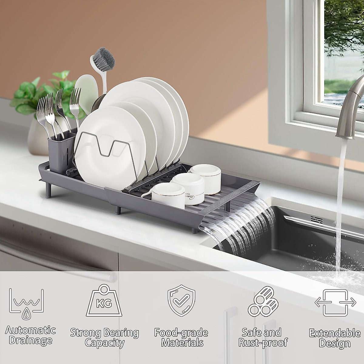 CLNGAI Expandable Dish Drying Rack, Compact Dish Drainer with Removable Utensil Holder,Space Saving Rust-Proof Small Adjustable Plate Rack for in Sink or Kitchen Counter (Gray)