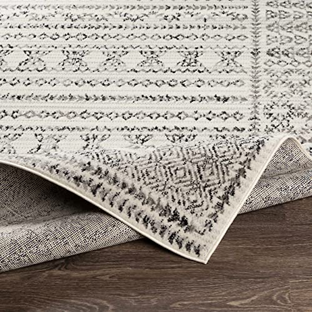 Greig Bohemian Farmhouse Living Room Bedroom Area Rug - Neutral Boho Carpet - Bordered - Off White, Black, Grey, Beige - 6'7" x 9'