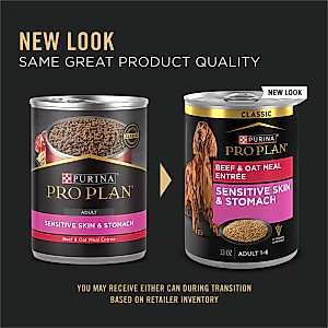Purina Pro Plan Sensitive Skin and Stomach Dog Food Wet Classic Pate Beef and Oat Meal Entrée - (Pack of 12) 13 oz. Cans