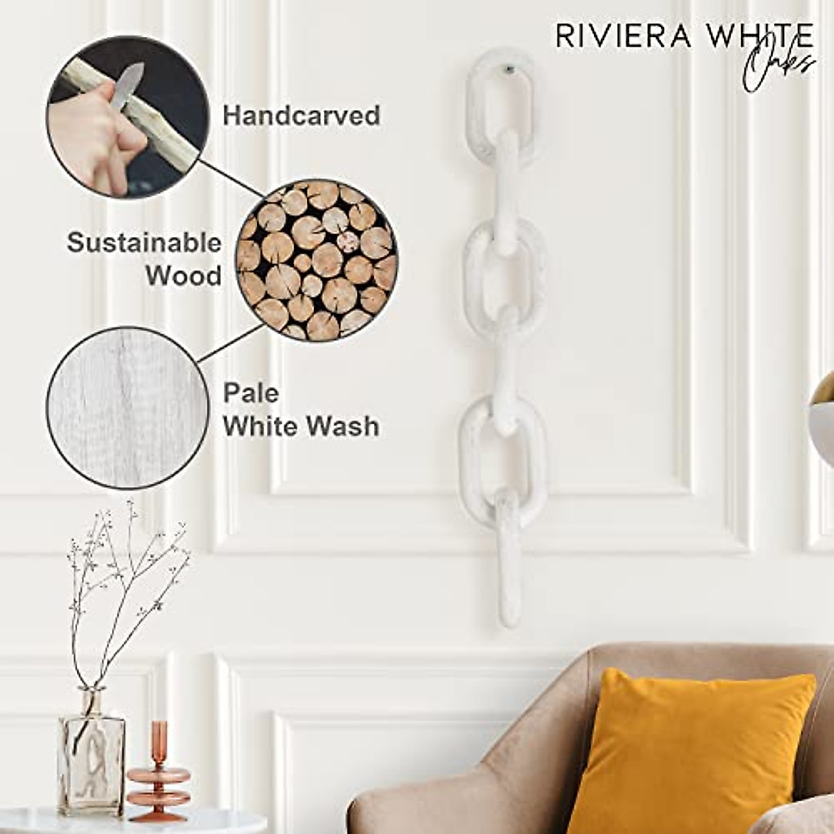 Riviera White Oaks Wood Chain Link Decor – 26.4 Inch Chain Link Farmhouse Decor – Premium Hand Carved Wood Decor for Coffee Table, Book Shelf – Upgraded Design with 6 Links (White Washed)