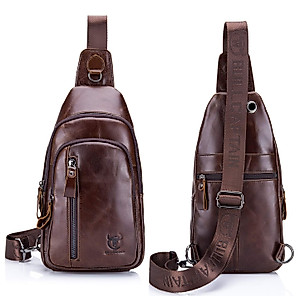 BULLCAPTAIN Mens Sling Bag Genuine Leather Chest Shoulder Backpack Crossbody Outdoor Travel Casual Daypack (brown), Medium