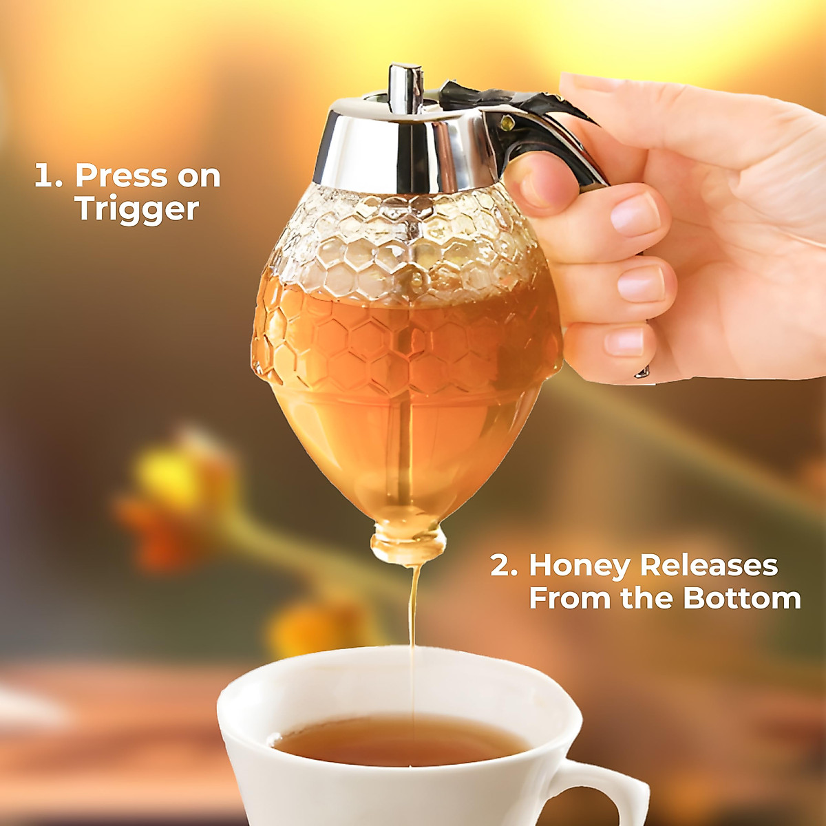 Hunnibi Honey Dispenser PLUS - No Drip Glass with STAINLESS STEEL TOP - Syrup Dispenser Glass - Beautiful Honey Pot - Honey Jar with Stand