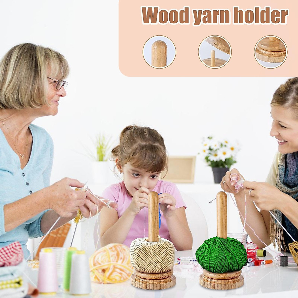 Wooden Yarn Holder Dispenser for Crocheting, Stand Ball Spindle Crochet and Sewing Tool, Prevent Yarn Tangling, Winding and Dispensing Accessories
