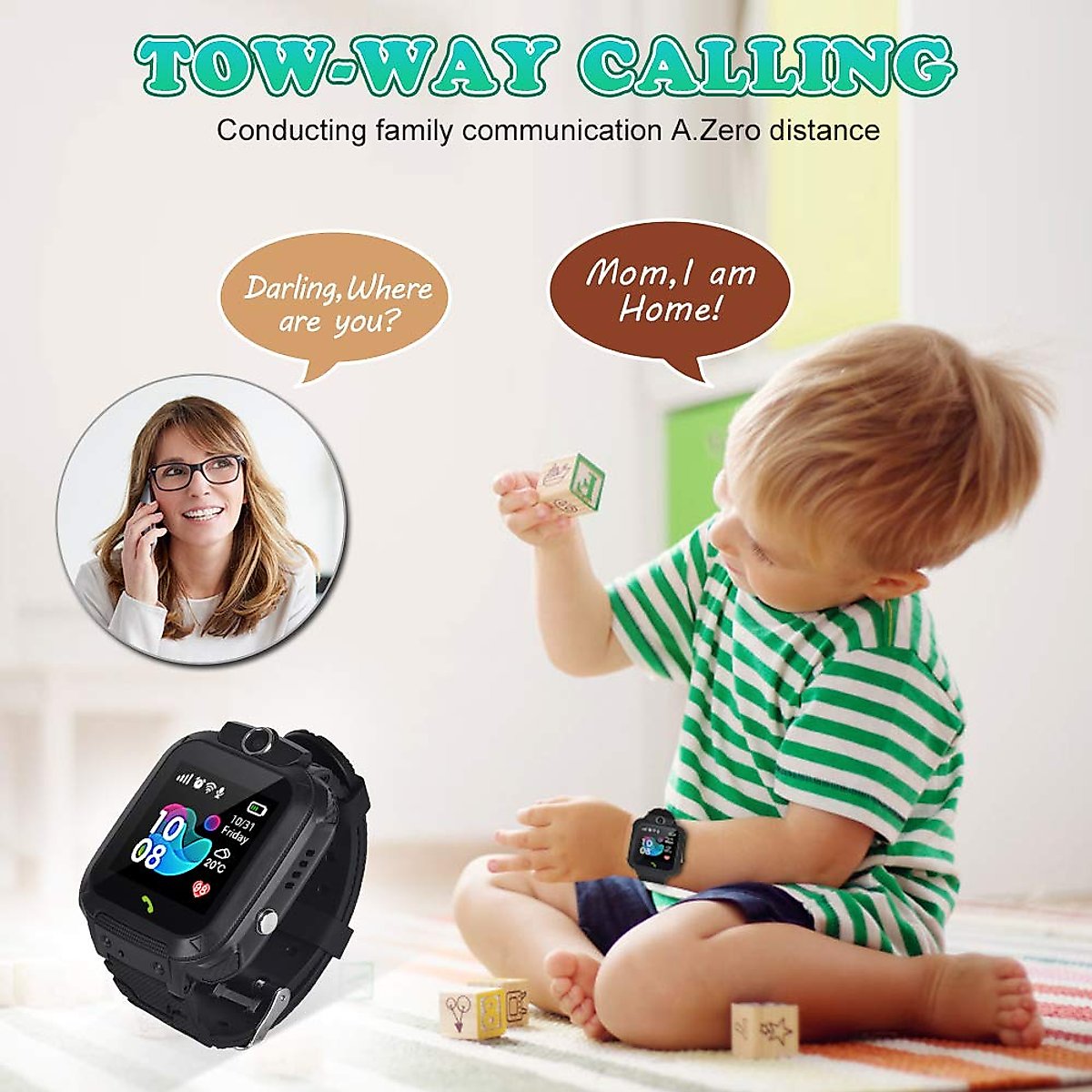 Kids Smart Watch, IP67 Waterproof LBS Positioning Watch HD Touch Screen, with SOS Two-Way Call Clock Camera SIM Card Slot Compatible with iOS and Android（Black）
