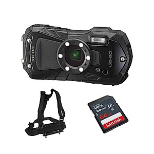 Ricoh WG-80 Digital Camera (Black) Bundle with 64GB Ultra SDXC UHS-I Memory Card and Mount Chest Harness (3 Items)