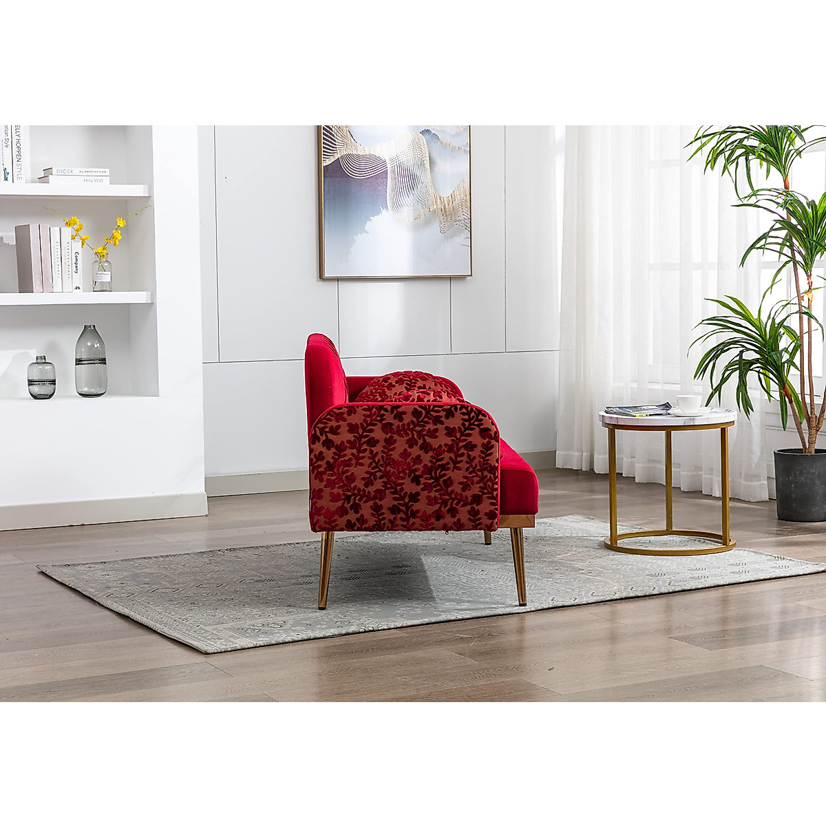 HomJoones 55.12" Accent Sofa, Velvet Sofa, Mid Century Modern Velvet Fabric Couch, Recliner Couch Accent Sofa Loveseat Sofa with Gold Metal Feet (Red)