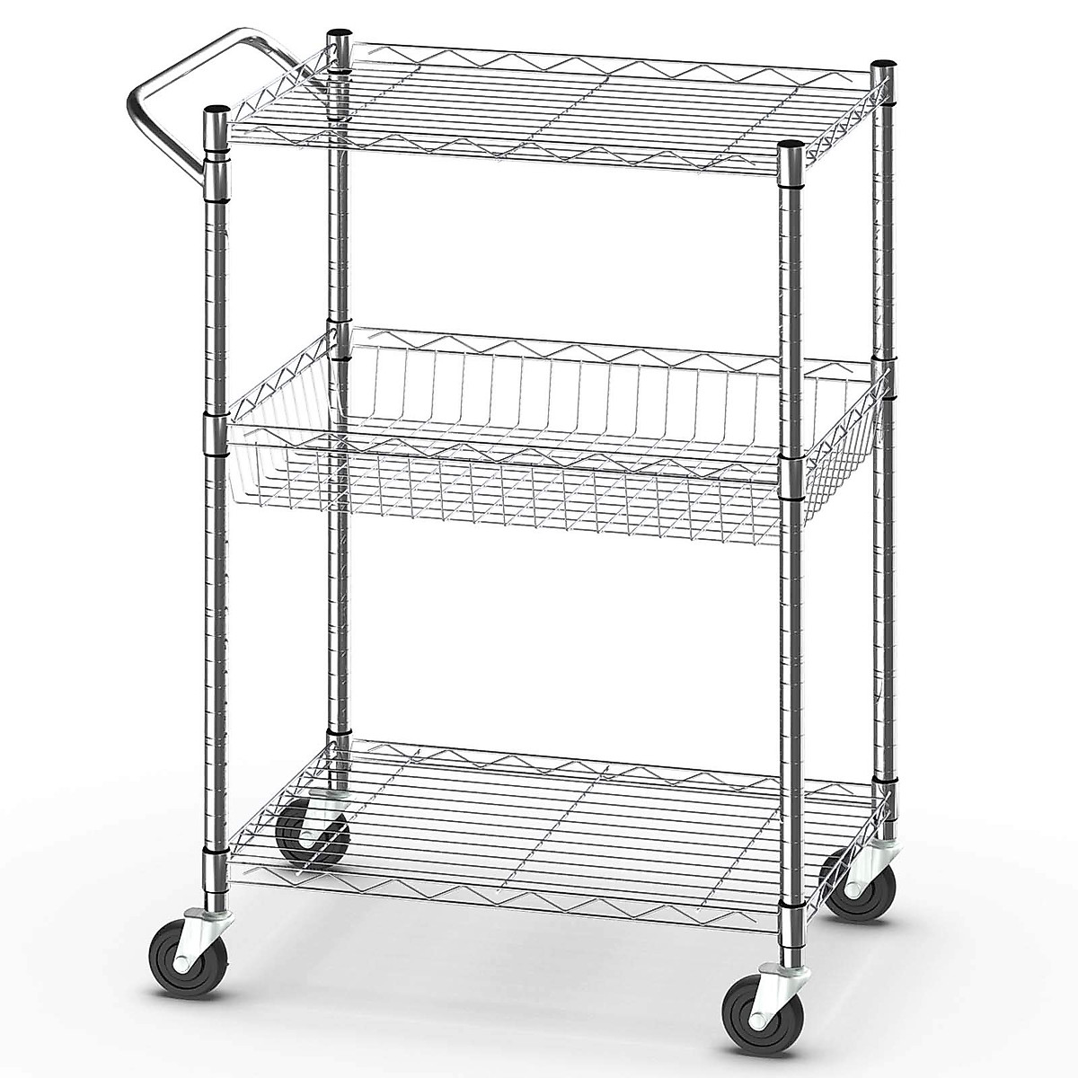 Giantex 3-Tier Rolling Utility Cart, Kitchen Island Cart on Wheels, with Handle Bar, Adjustable Shelves, Wire Mesh Microwave Cart for Utensils or Tableware, Commercial Grade Serving Cart (Silver)