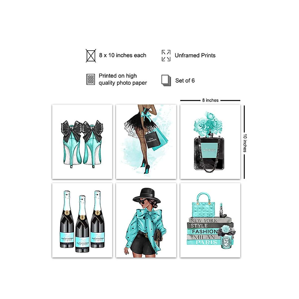 Blue Glam Wall Decor - Black African American Wall Decor - Designer Perfume, Shoes, Handbags - High Fashion Design Gift - Luxury Couture Wall Art Poster Set for Women, Teens, Girls Bedroom