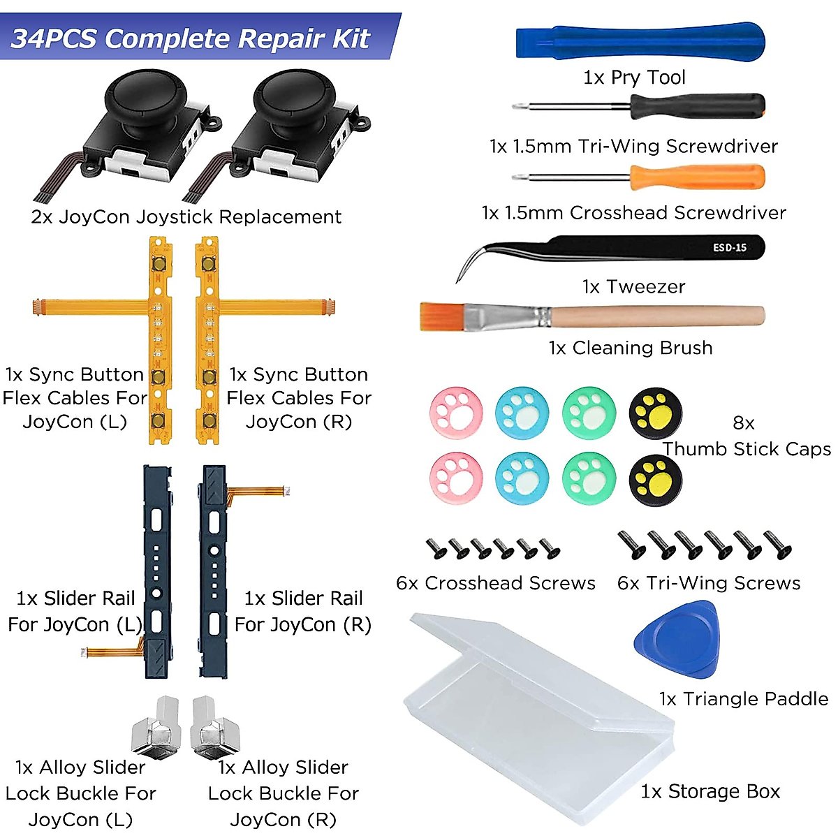 GeeRic, Joycon Joystick Replacement, 34 PCS Joycon Repair Kit Compatible with Switch OLED, Joycon Repair Kit Joystick Replacement Parts Set Compatible with Switch