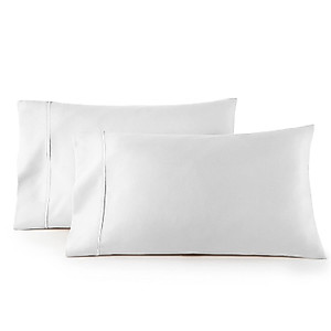 Pizuna Percale Cotton Pillow Cases Queen Size Set of 2 White, 100% Long Staple Cotton Crisp Percale Weave with Stylish 4 inch Hem (Combed White Cotton Pillow Cases Queen)