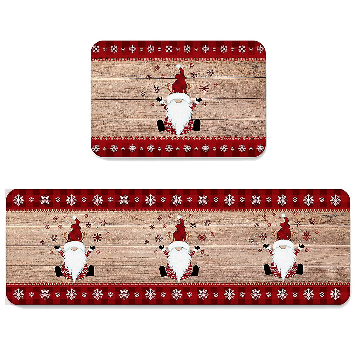 KITHOME Gnome Christmas Kitchen Mats Sets 2 Piece,Xmas Happy Gnome Snowflake Rustic Wooden Grain Kitchen Rugs and Mats Non-Slip Washable Runner Carpets for Christmas Decorations, 20" x 24"+20" x 48"