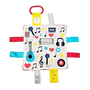Baby Jack & Co 8x8” Music Lovey Tag Toys for Babies - Baby Crinkle Toys - Crinkle Toys for Baby - Soft & Safe - Learn Shapes & Colors - Ideal Baby Toy - BPA Free w/Stroller Clip