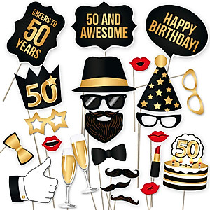 50th Birthday Photo Booth Props – Fabulous Fifty Party Decoration Supplies for Him &Her, Funny Fiftieth Bday Photobooth Backdrop Signs for Men and Women, Black and Gold Décor Ideas – 34 Pieces