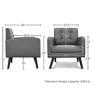 Yaheetech Modern Living Room Chair, Mid-Century Armchair Button Tufted Back and Wood Legs, Vintage Lounge Chair for Bedroom/Home Office/Study, Gray